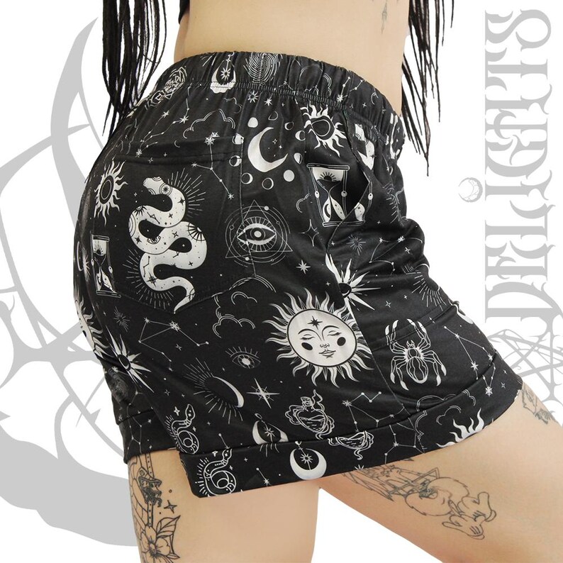 Celestial Goth Shorts, Witchy Snake Sun Moon Print,astronomic Goth ...