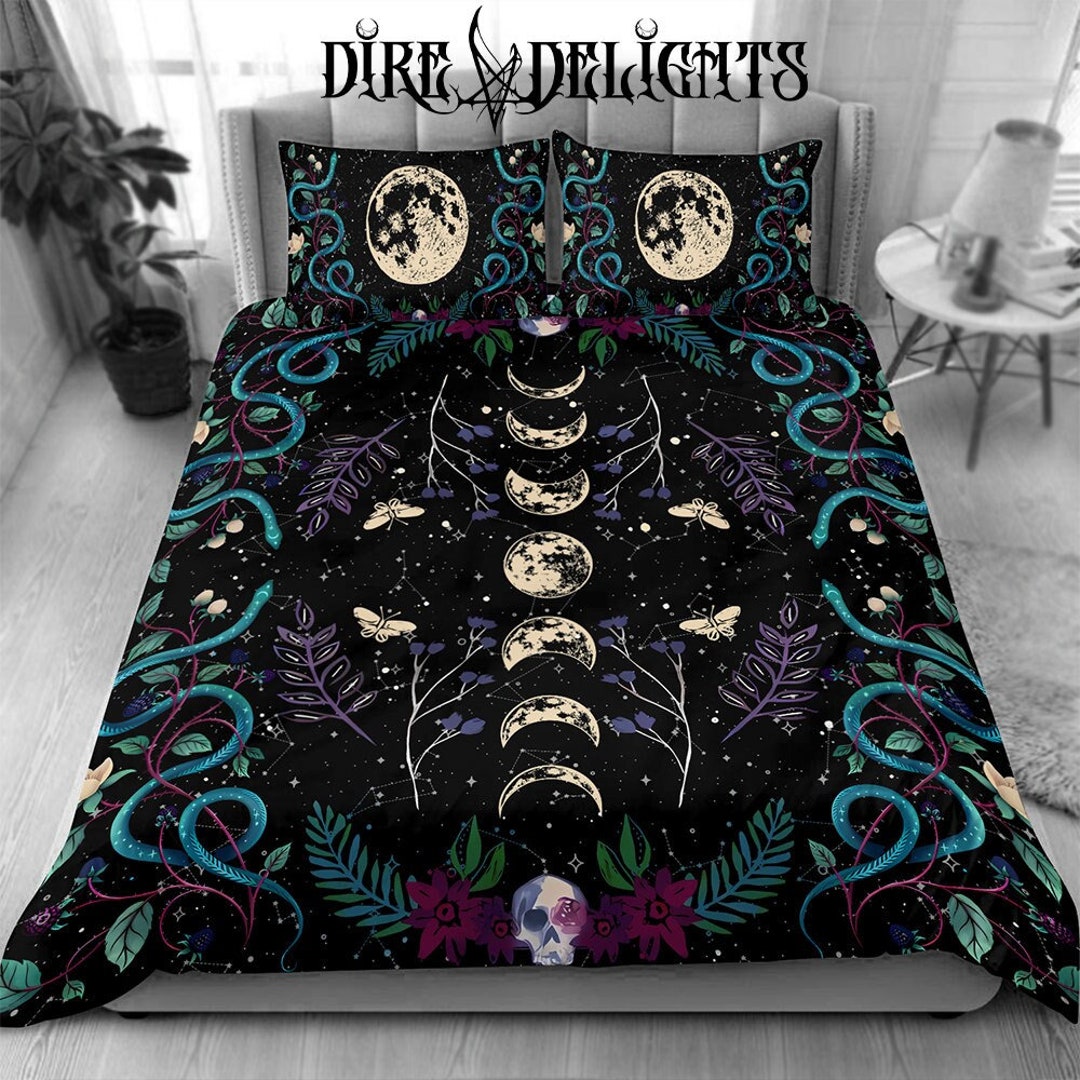 Wicca Moon Phases 4 Piece Black Bedding Set,goth Esoteric Snake ...