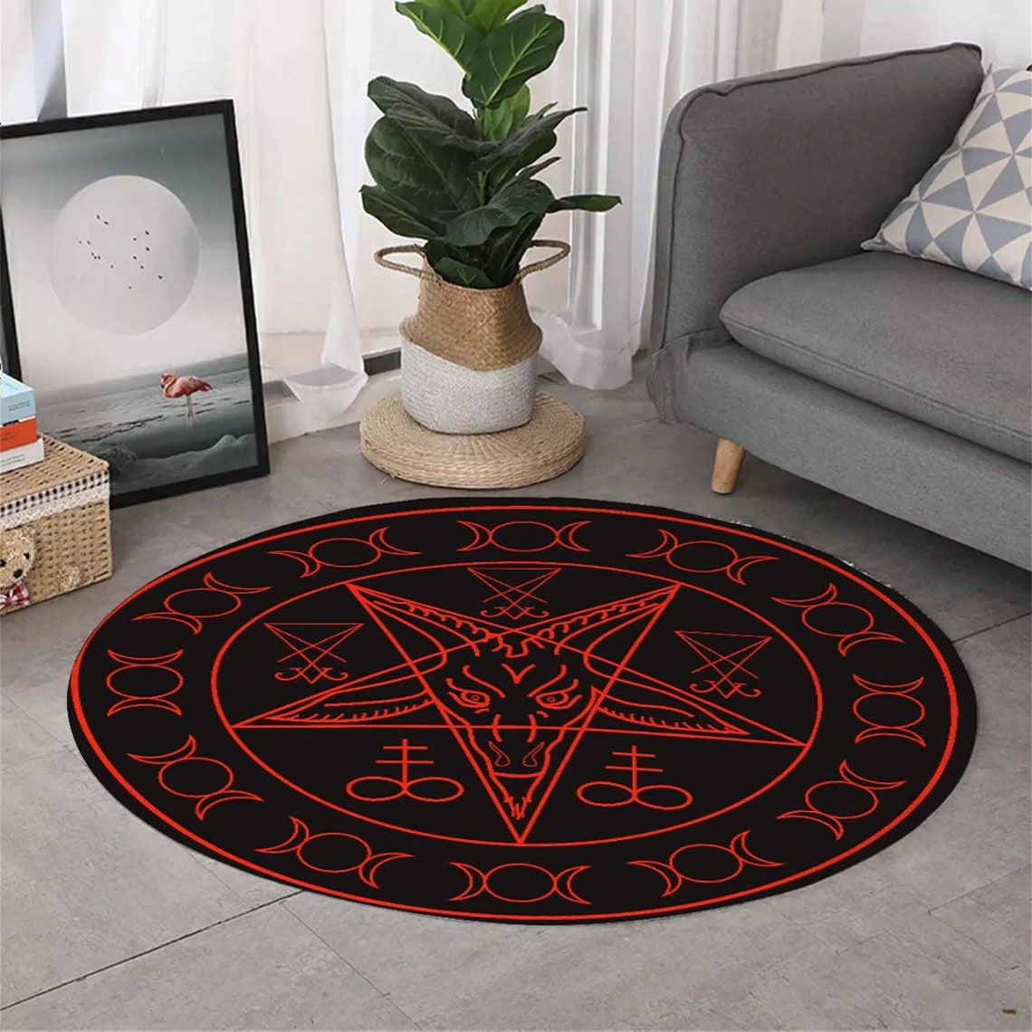 Baphomet Pentagram Mat, Goat Head Satanic Round Rug, Runes From Hell ...