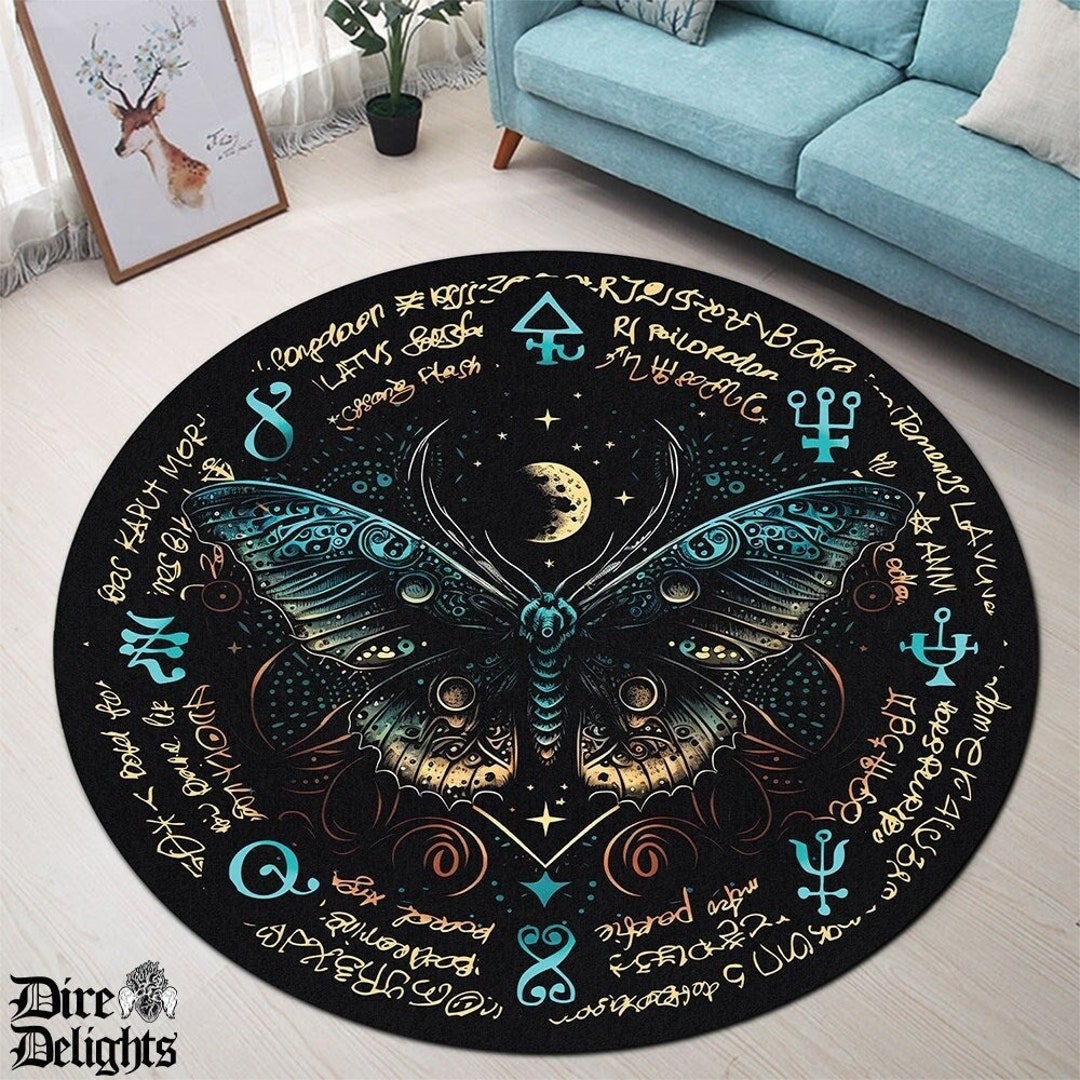 Mystic Moth Wicca Round Rug, Gothic Floor Mat, Goth Witchy Divination ...