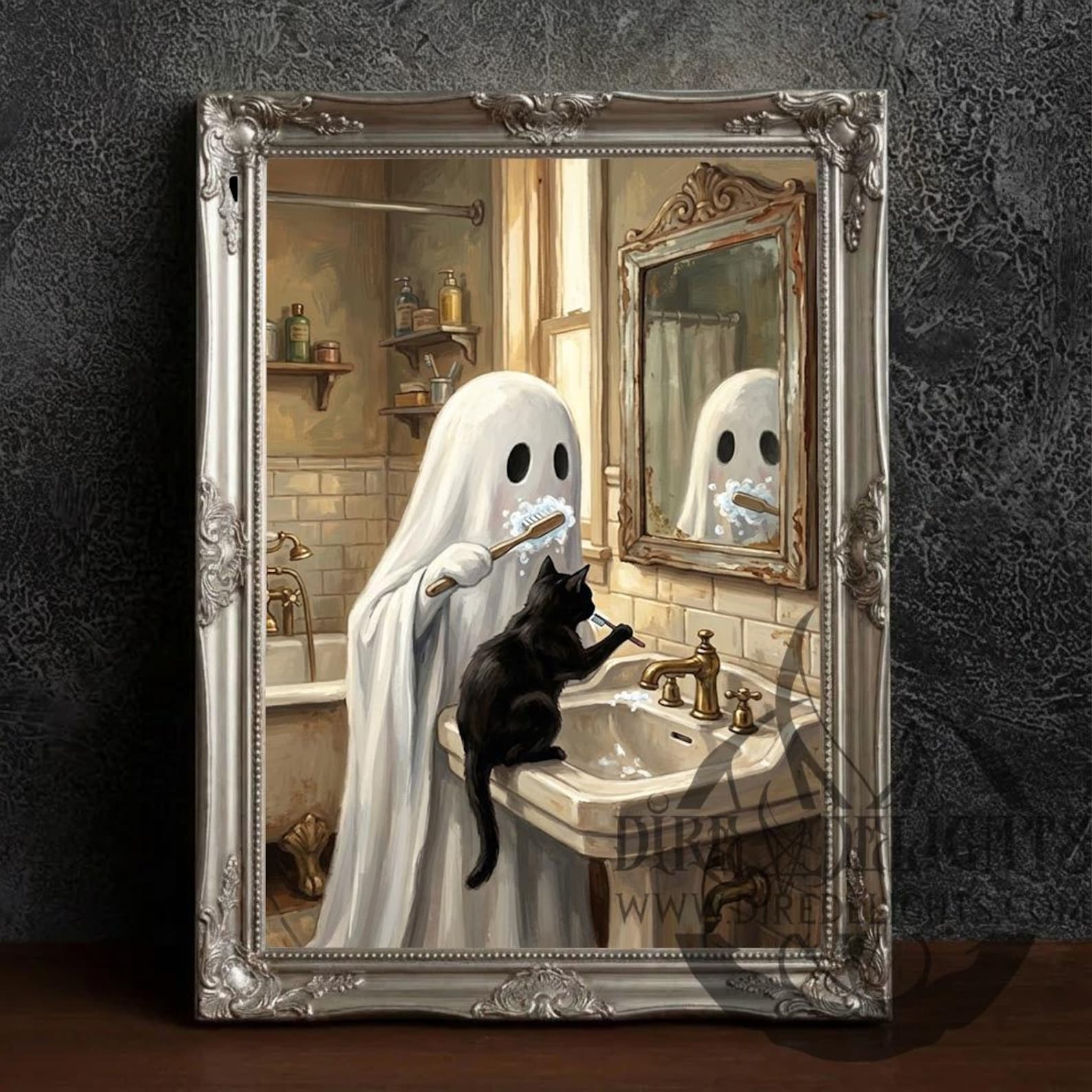 Cute Ghost and Cat Brushing Their Teeth, Digital Art Print, Bathroom ...