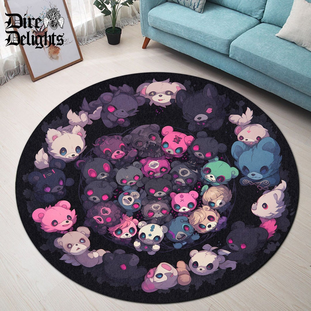 Goth Bears Rug,spooky Kawaii Plushies Goth Round Rug, Harajuku Cartoon ...