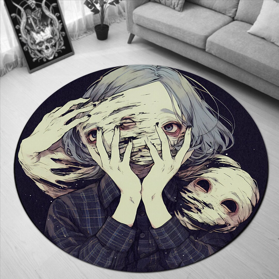 Creepy Anime Girl Round Rug, Hands Covering Face, Unsettling Manga Girl ...