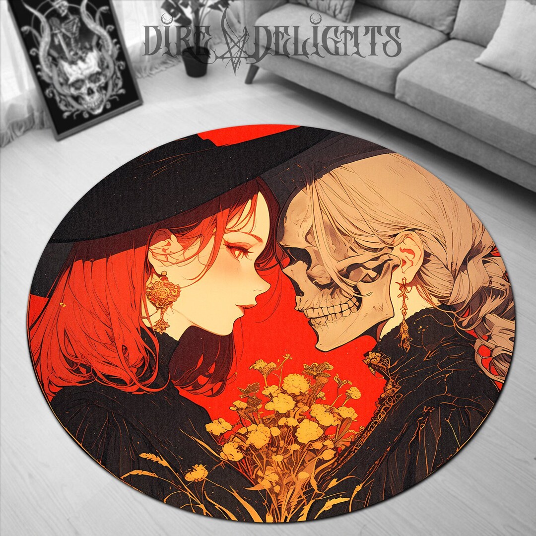 Red-haired Anime Witch & Skull-faced Witch Round Rug, Dark Reflection ...