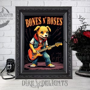 Digital Bones N' Roses Poster, Funny Puppy Playing Electric Guitar ...