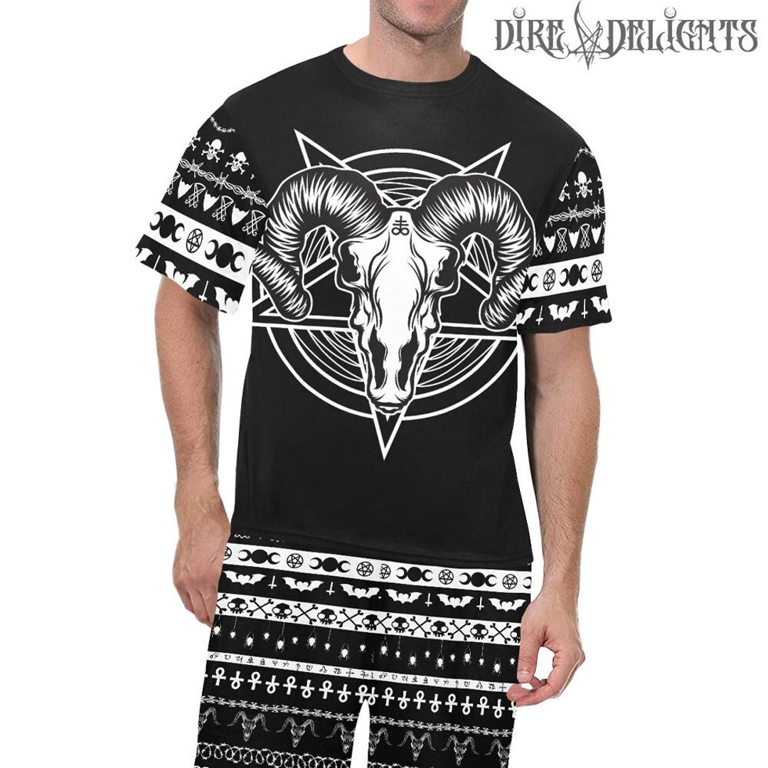 Goth Oversized Unisex Pajama Set With Pokets,baphomet Cotton Pajama T ...