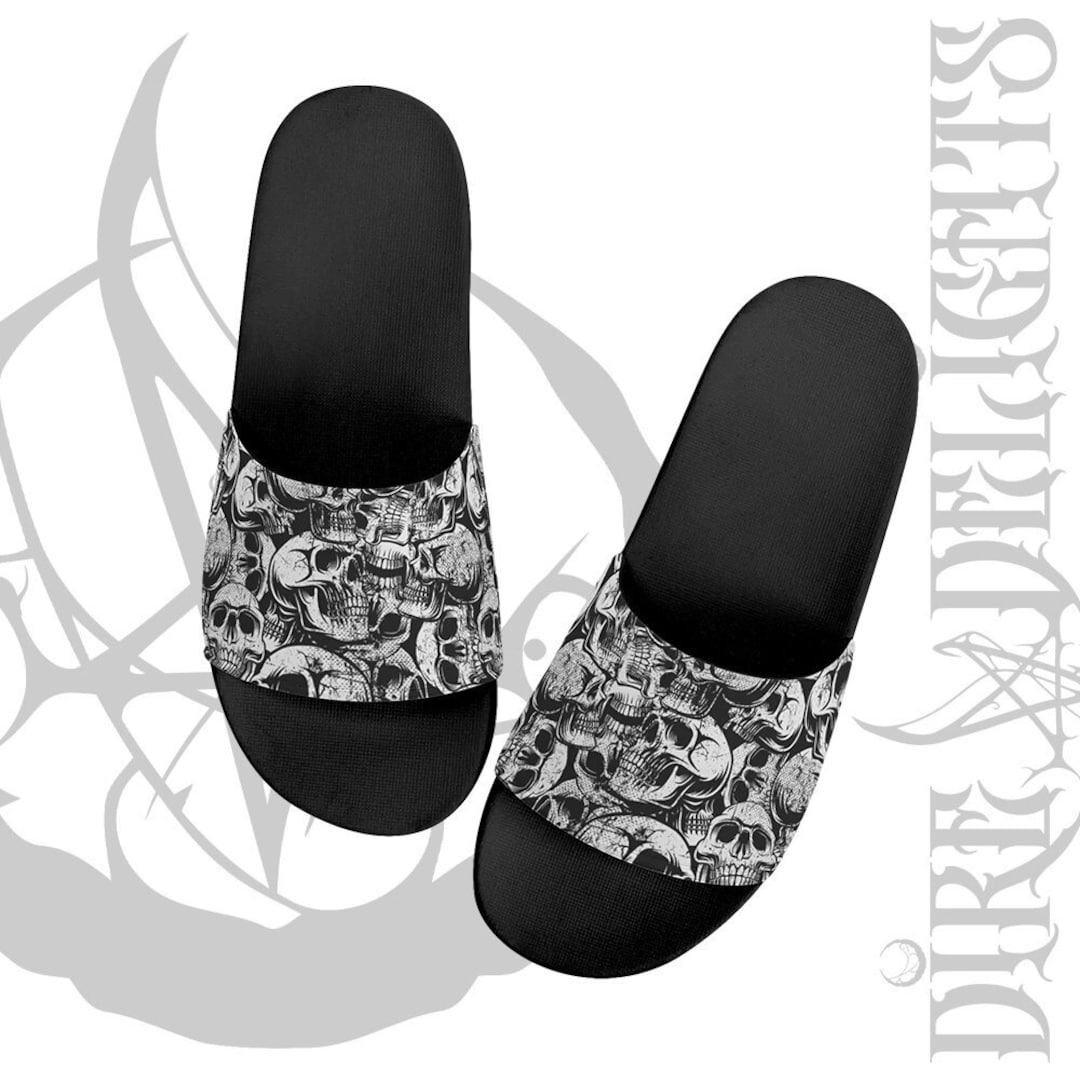 Goth Skulls Slippers, Gothic Horror Skeleton Slide Sandals, Goth ...