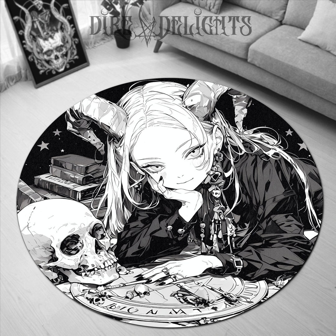 Gothic Anime Girl Round Rug | Skull Occult Floor Mat | Dark Fantasy ...