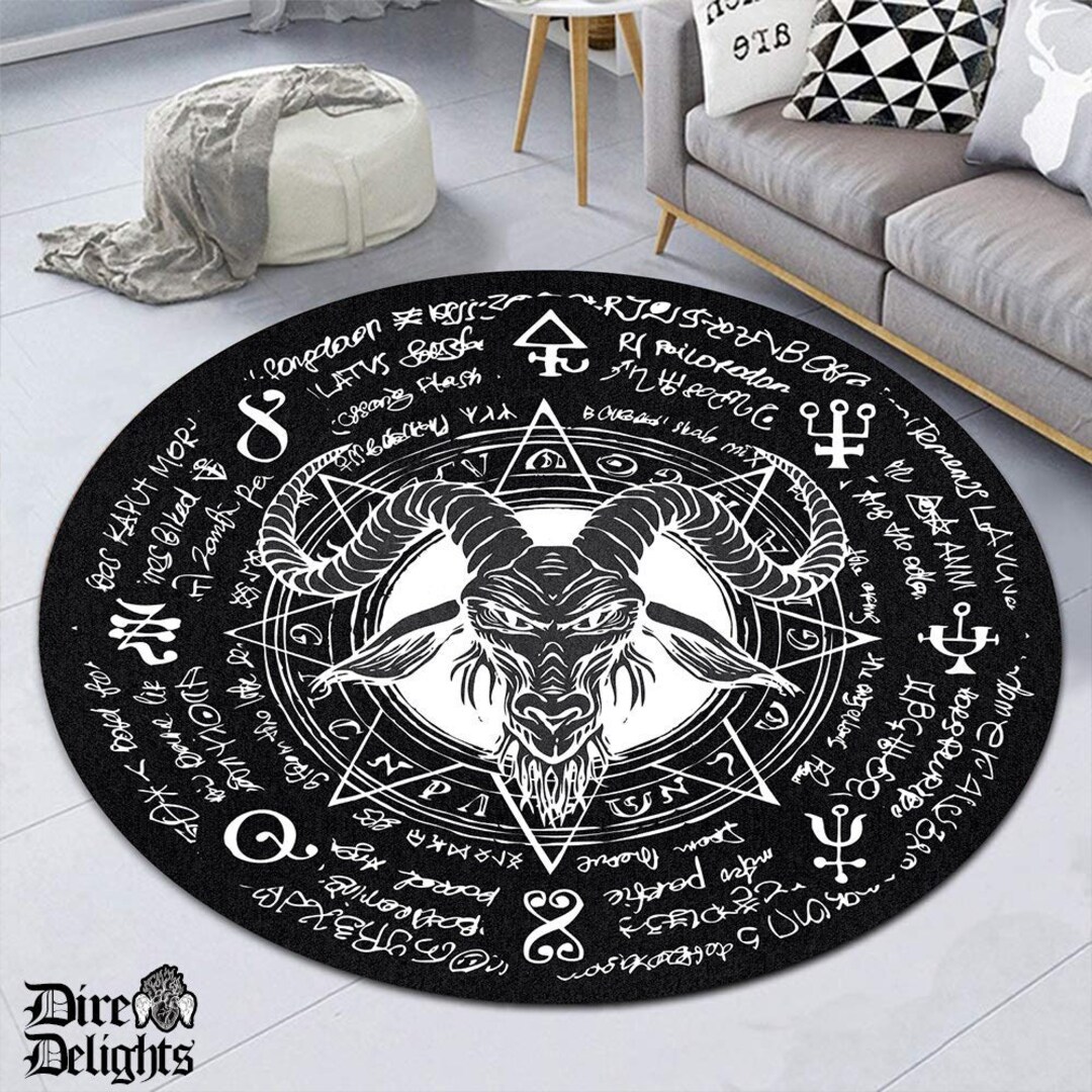 Baphomet Runes Mat, Goat Head Satanic Round Rug, Runes From Hell Door ...
