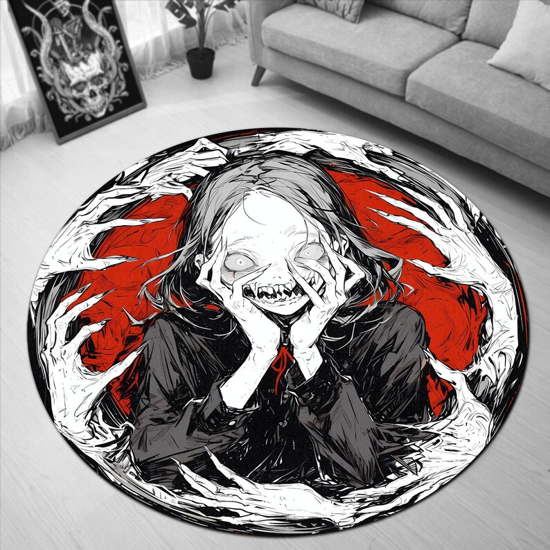Unsettling Eerie Anime Girl Round Rug, Creepy Uncanny Horror Anime ...