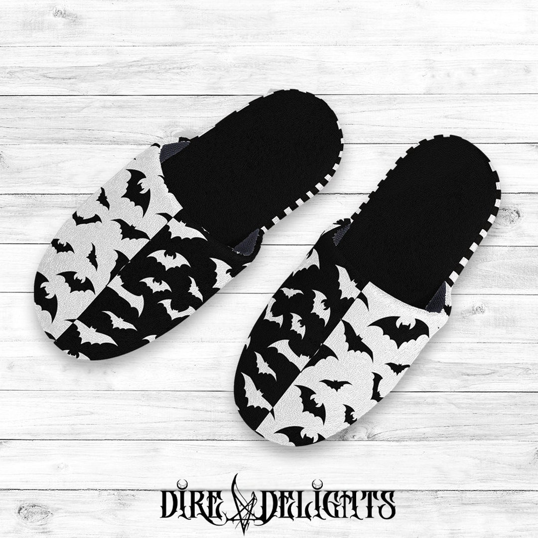 Gothic Swarm of Bats Slippers, Two Tone Warm Plush Slippers, Goth ...