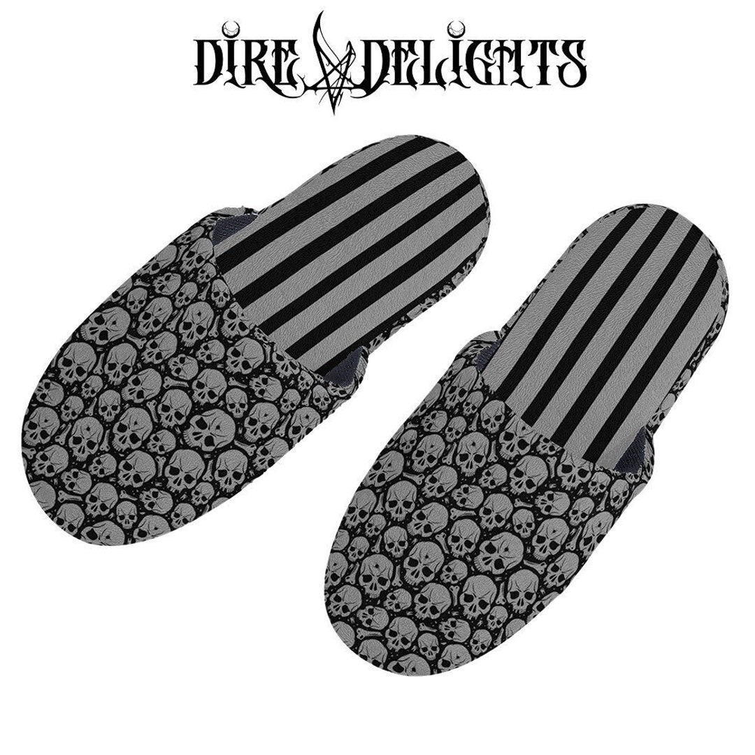 Gothic Skulls Family Slippers, Warm Plush Slippers, Goth Skeleton Head ...