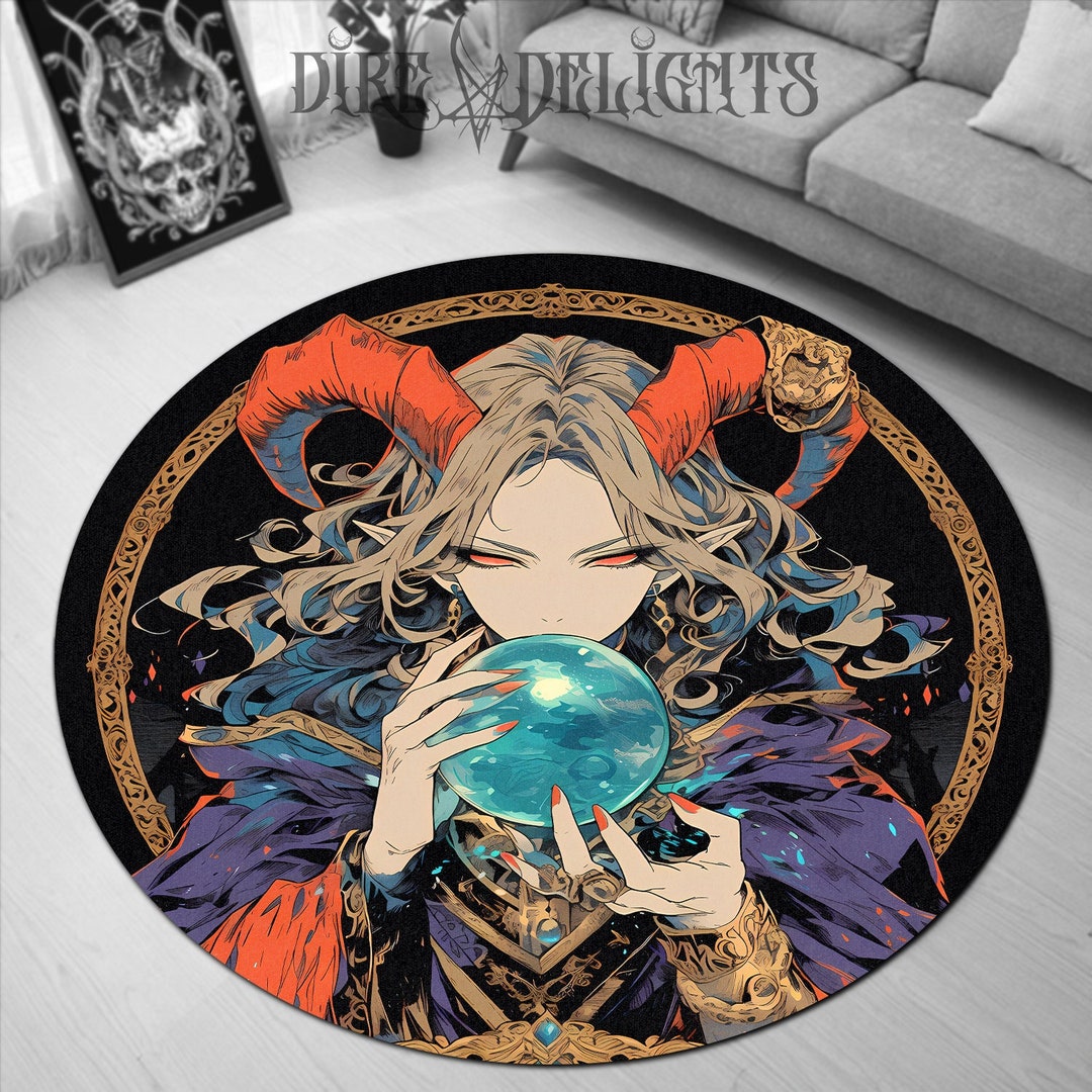 Mystical Anime Demon Round Rug, Anime Fortune Teller With Crystal Ball ...