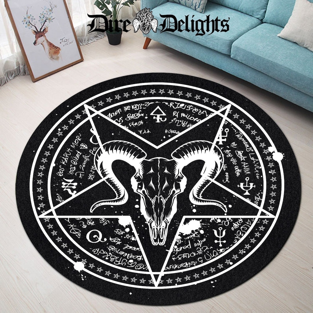Baphomet Pentagram Mat, Goat Head Satanic Round Rug, Runes From Hell ...