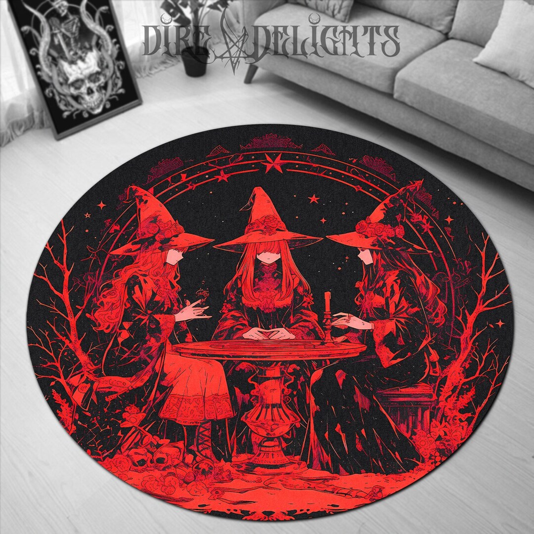 Witches Spellcraft Coven Rug, Black and Red Witchcraft Round Carpet ...