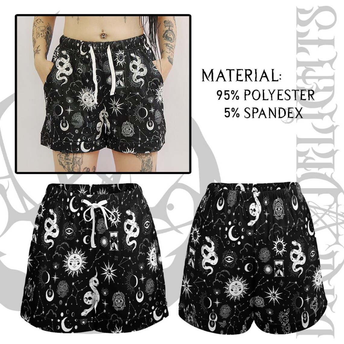 Celestial Goth Shorts, Witchy Snake Sun Moon Print,astronomic Goth ...
