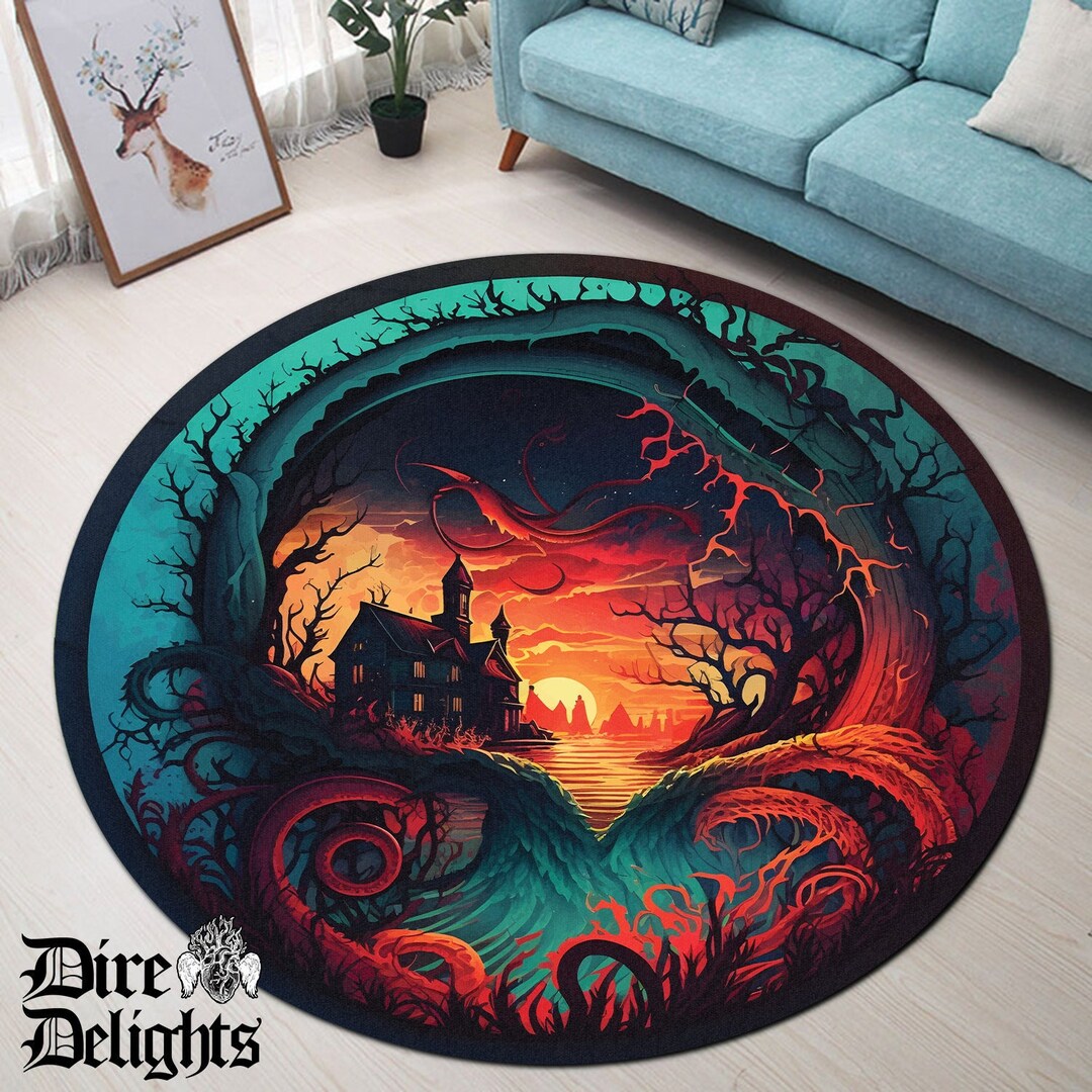 Lovecraftian Dusk Round Floor Mat, Fantasy Eldritch House by the Sea ...
