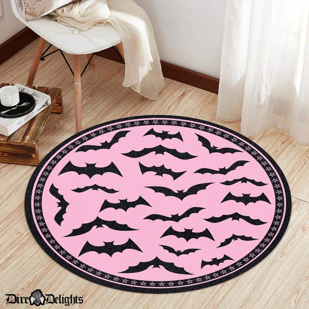 Bats Swarm Pastel Goth Mat, Pastel Goth Pentagrams Frame Round Rug ...
