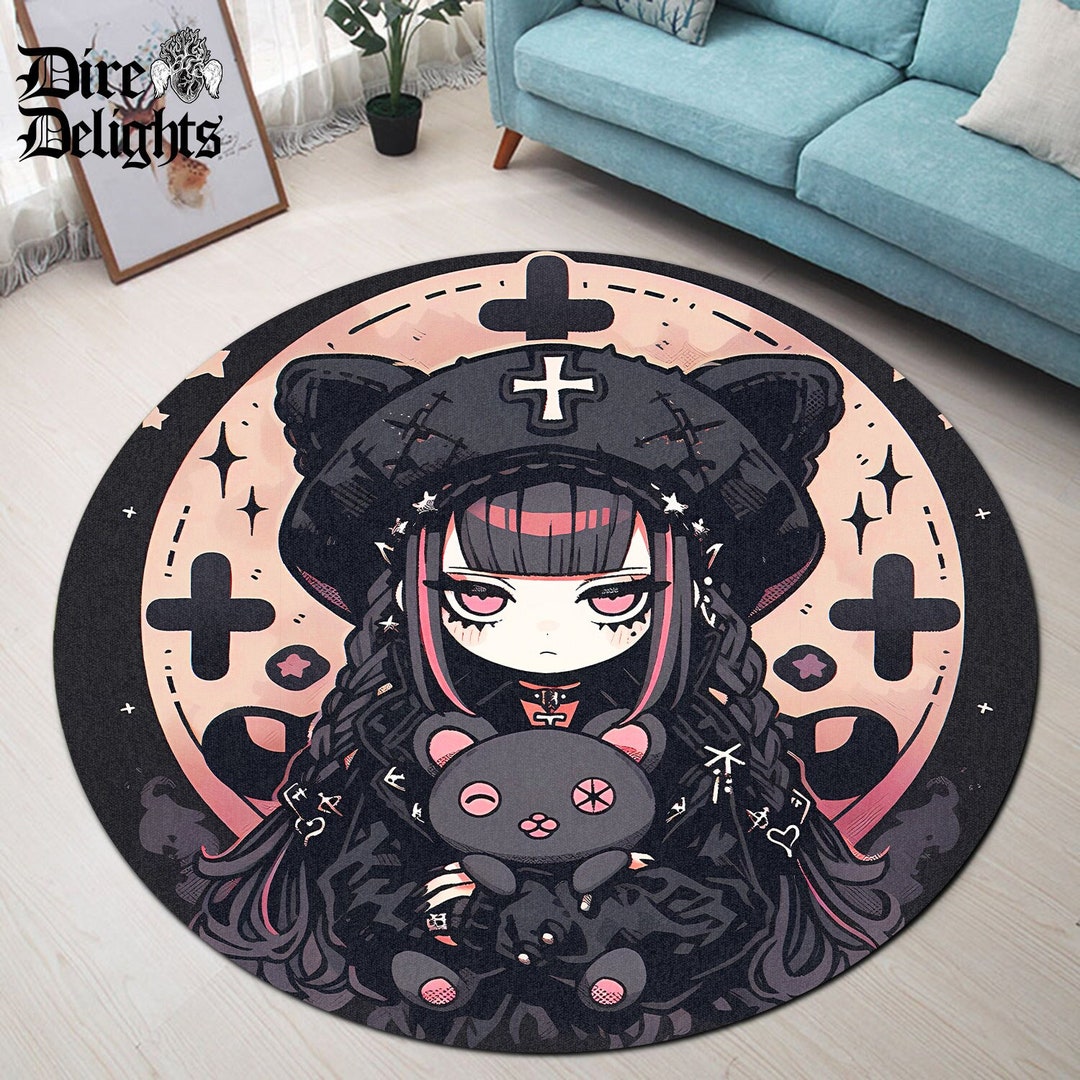 Kawaii Round Rug, E-girl Round Mat, Kawaii Goth Round Rug, Harajuku ...