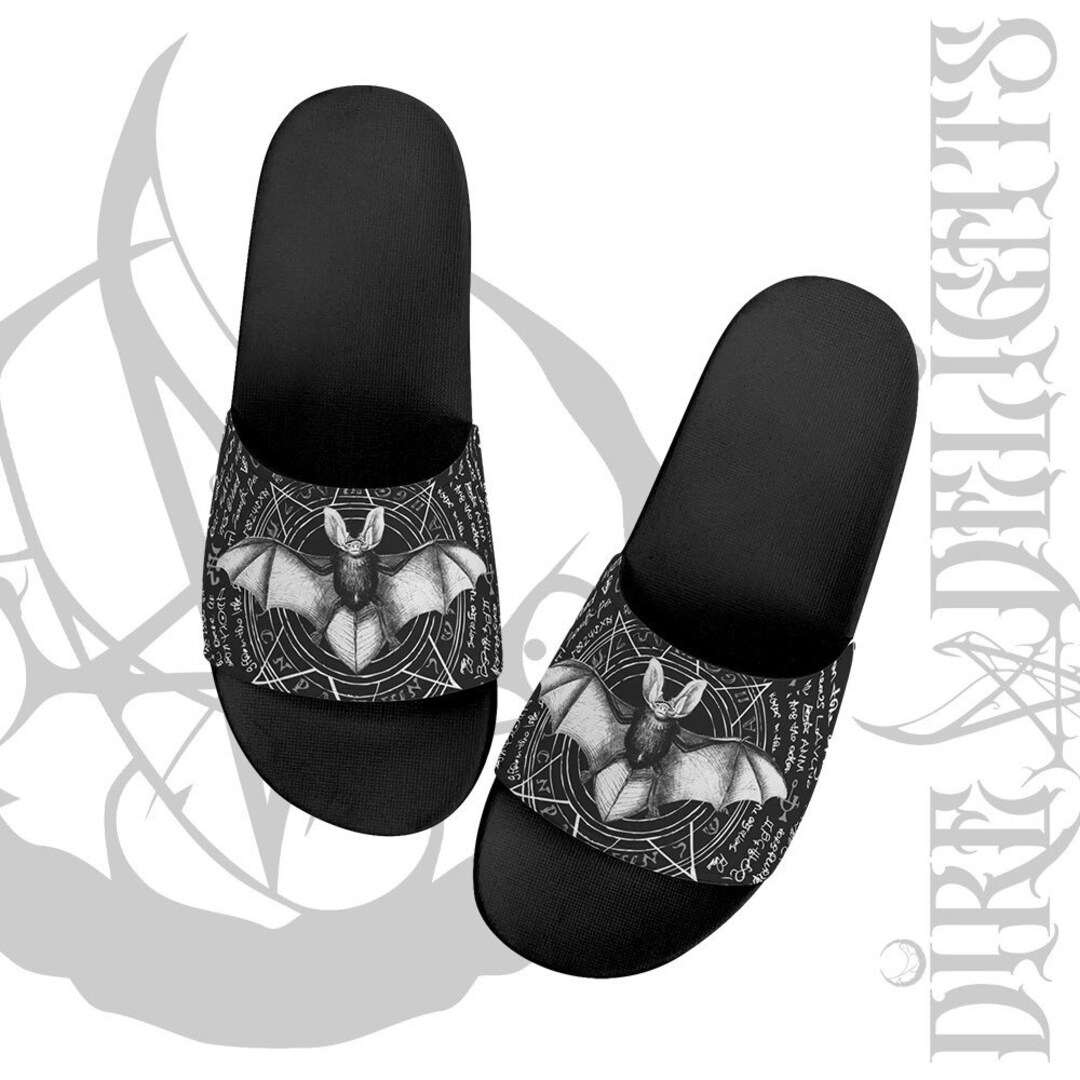 Goth Bat Slippers, Gothic Runes Slide Sandals, Goth Slippers,halloween ...