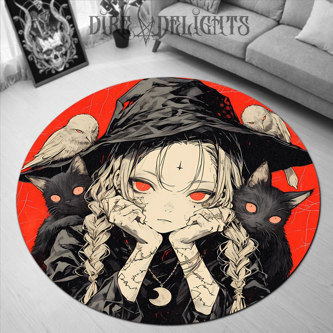 Gothic Anime Witch Round Rug, Cute Owls Kitties Anime Girl Manga Rug ...