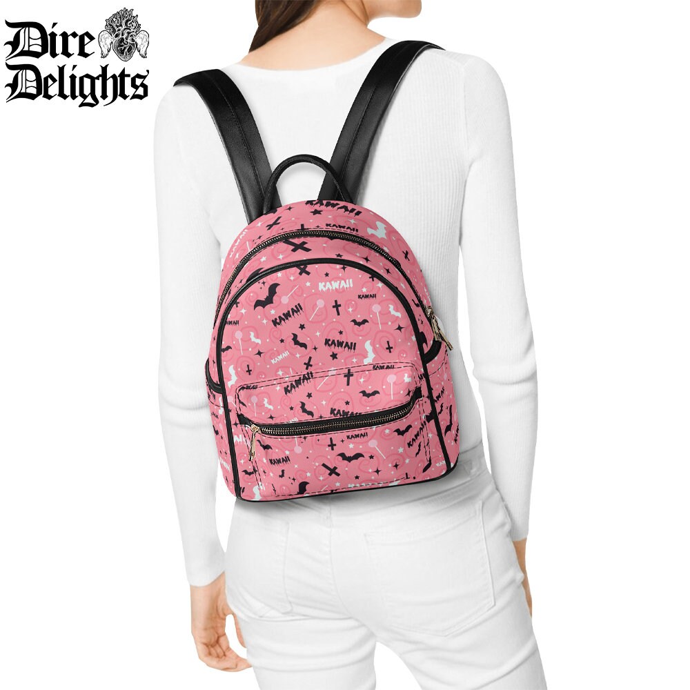 Kawaii Pastel Goth Backpack PU Leather, Bats Candies Gothic Punk Rocker ...