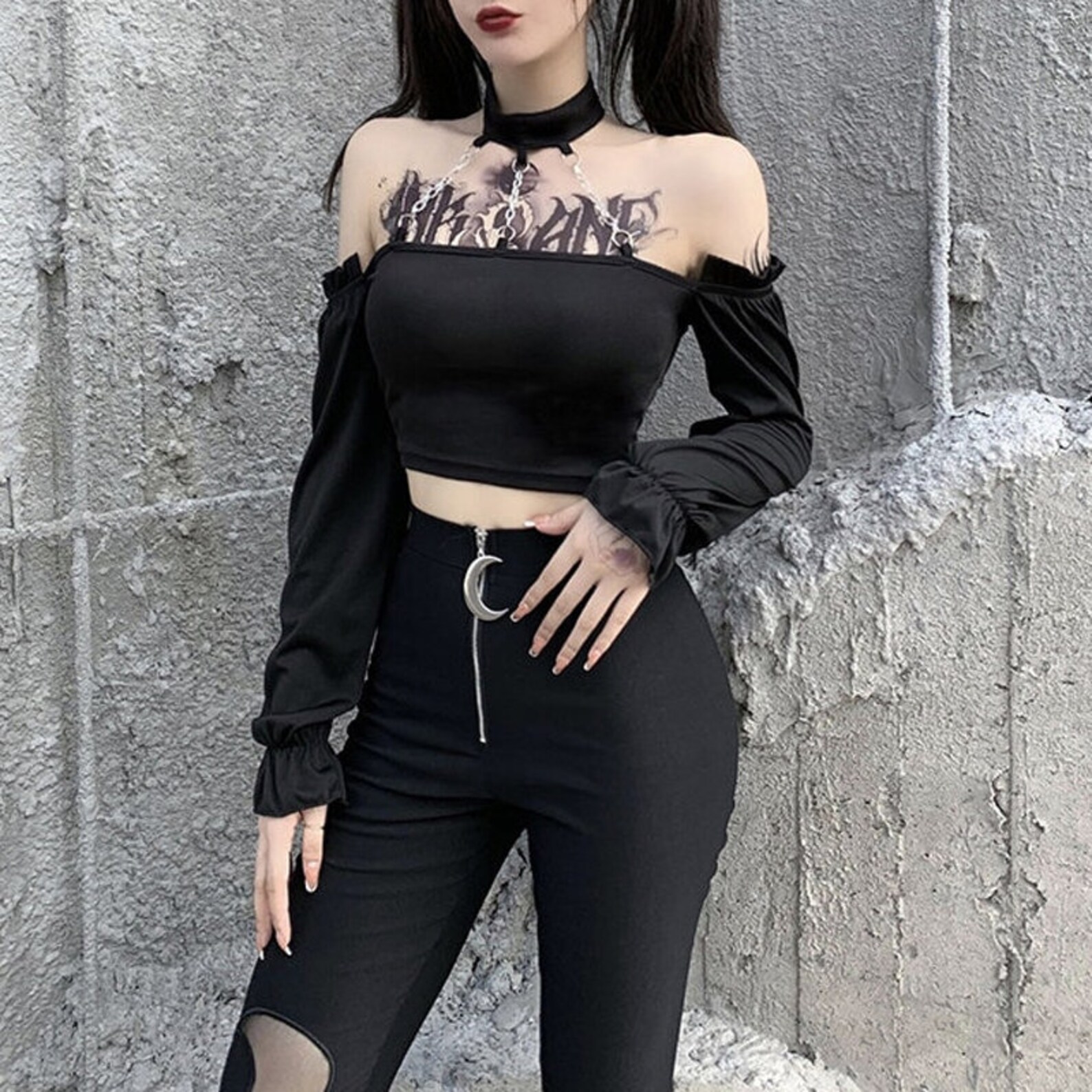 Goth off Shoulder Crop Top With Chains Punk Sexy Grunge Rock | Etsy