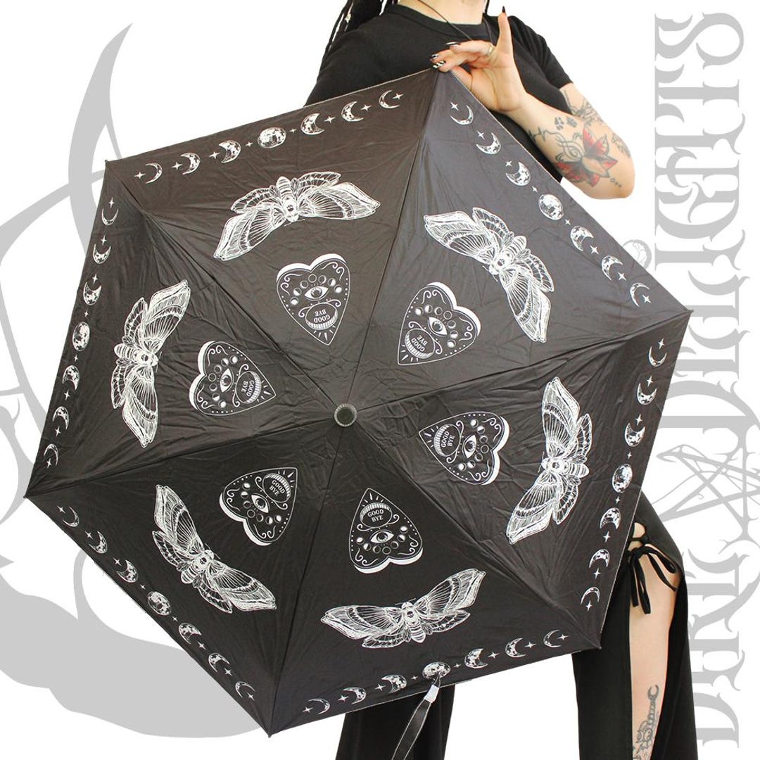 Goth Moth & Planchette Umbrella, Witchy Celestial Moon Print, Black ...
