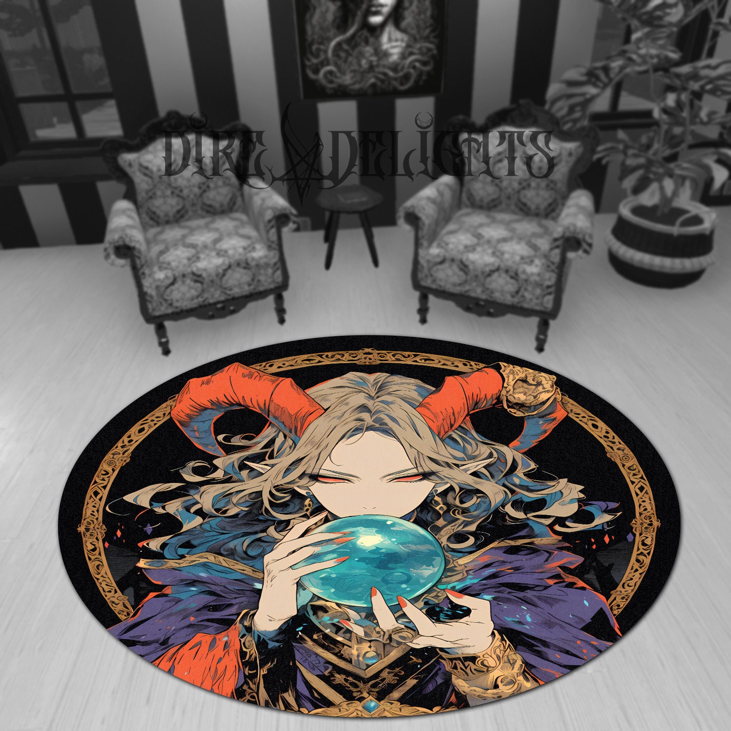 Mystical Anime Demon Round Rug, Anime Fortune Teller With Crystal Ball ...
