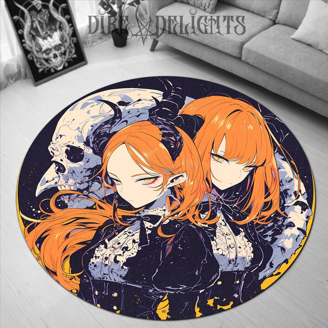 Anime Witch Twins Round Rug, Cute Anime Girl and Skull Moon Anime Manga ...