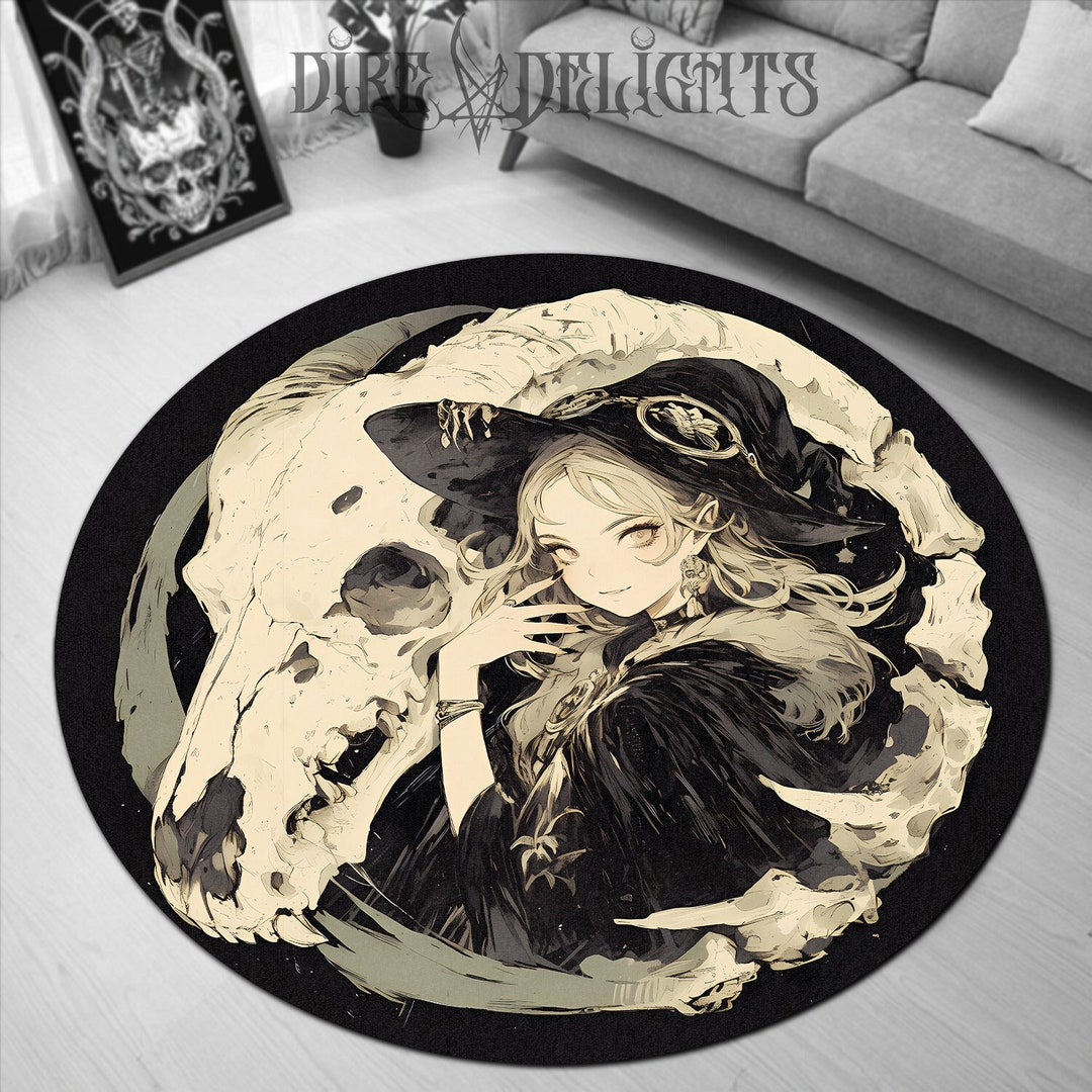 Manga Witch and Beast Skull Round Rug, Anime Witchcraft Round Carpet ...