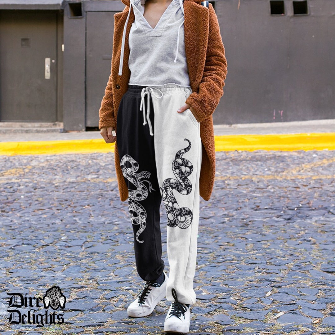 Goth Contrasting Two Tone Snakes Pants, Black and White Joggers, Two ...