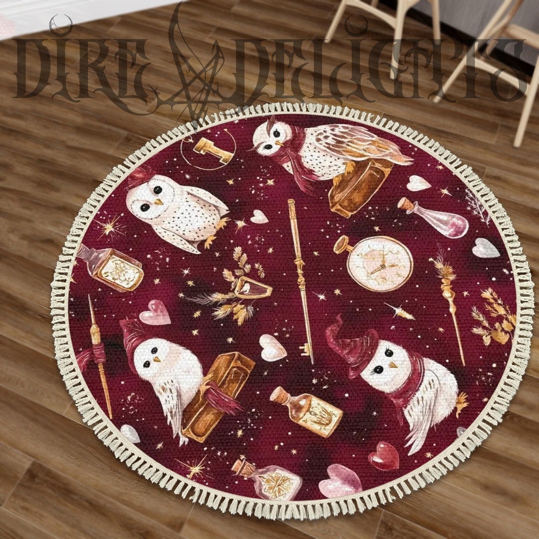 Wizard Round Rug With Tassels,magic Owls With Crescent Moon Circle Rug ...