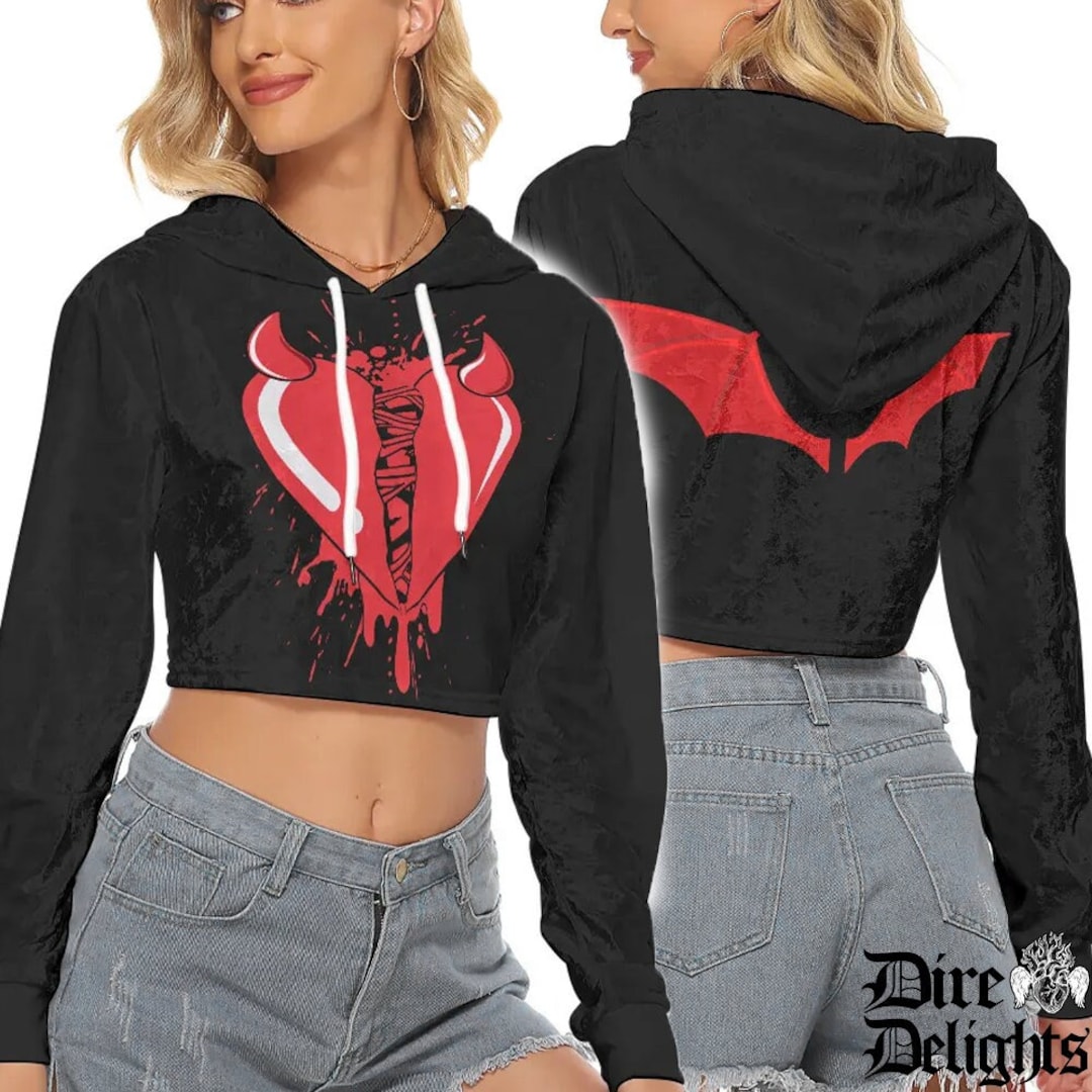 Devil Velvet Crop Hoodie,devil Wings Cropped Top, Devil Heart, Gothic ...