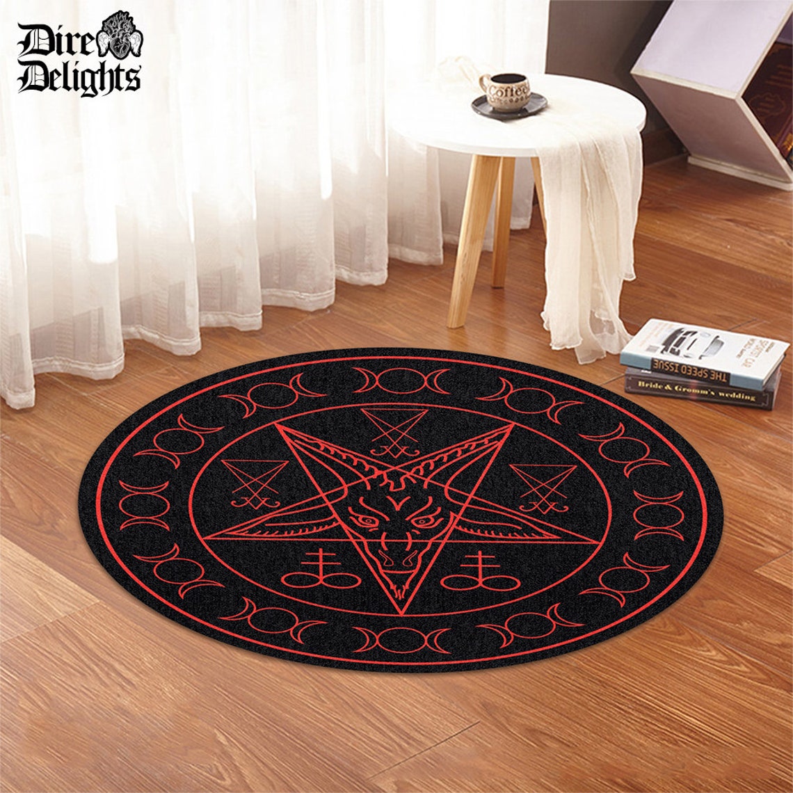 Baphomet Pentagram Mat, Goat Head Satanic Round Rug, Runes From Hell ...