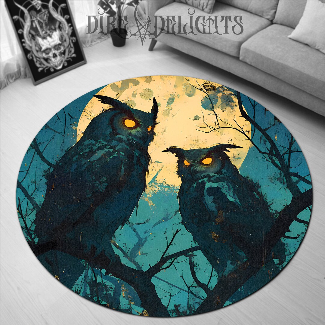 Gothic Owl Moon Rug Night Forest Floor Mat Twin Owls Tree Branch Carpet ...