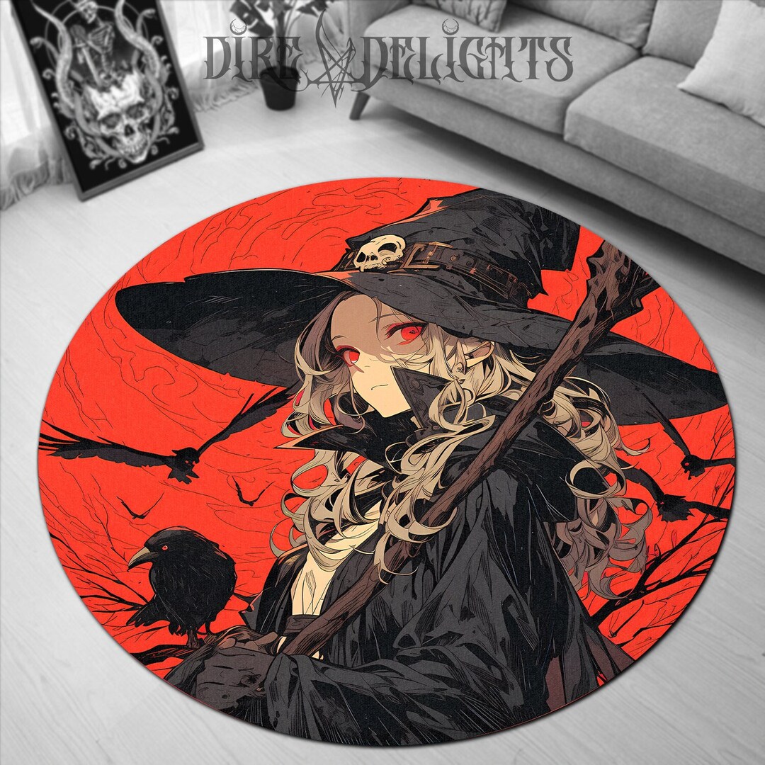 Anime Witch and Crows Round Rug, Gothic Anime Girl Red Carpet, Dark ...