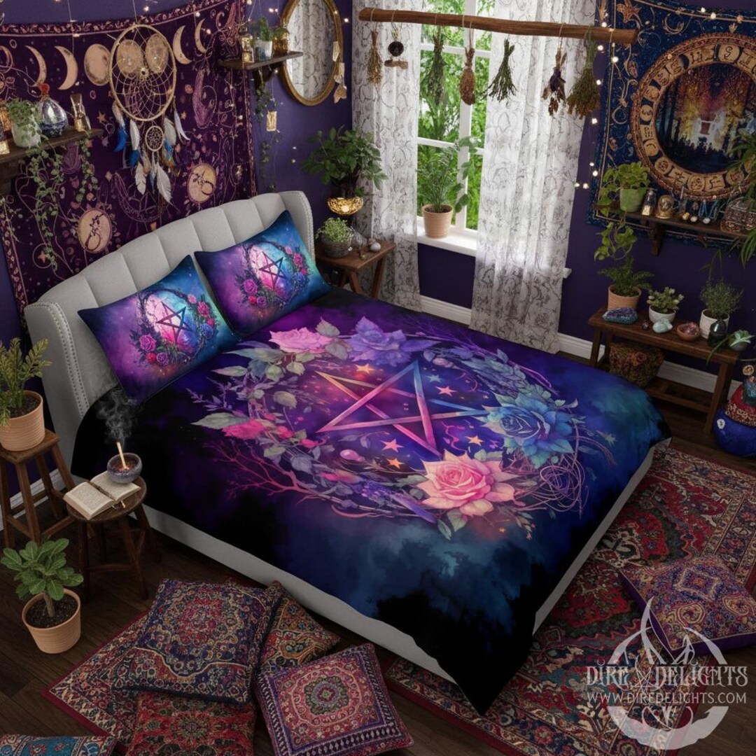Mystic Pentagram 4 Piece Black Bedding Set,goth Esoteric Roses ...