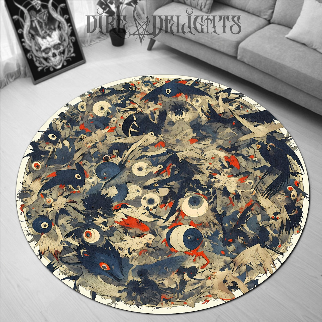 Yokai Japanese Art Round Rug, Creepy Creatures Yokai Spiral Carpet ...