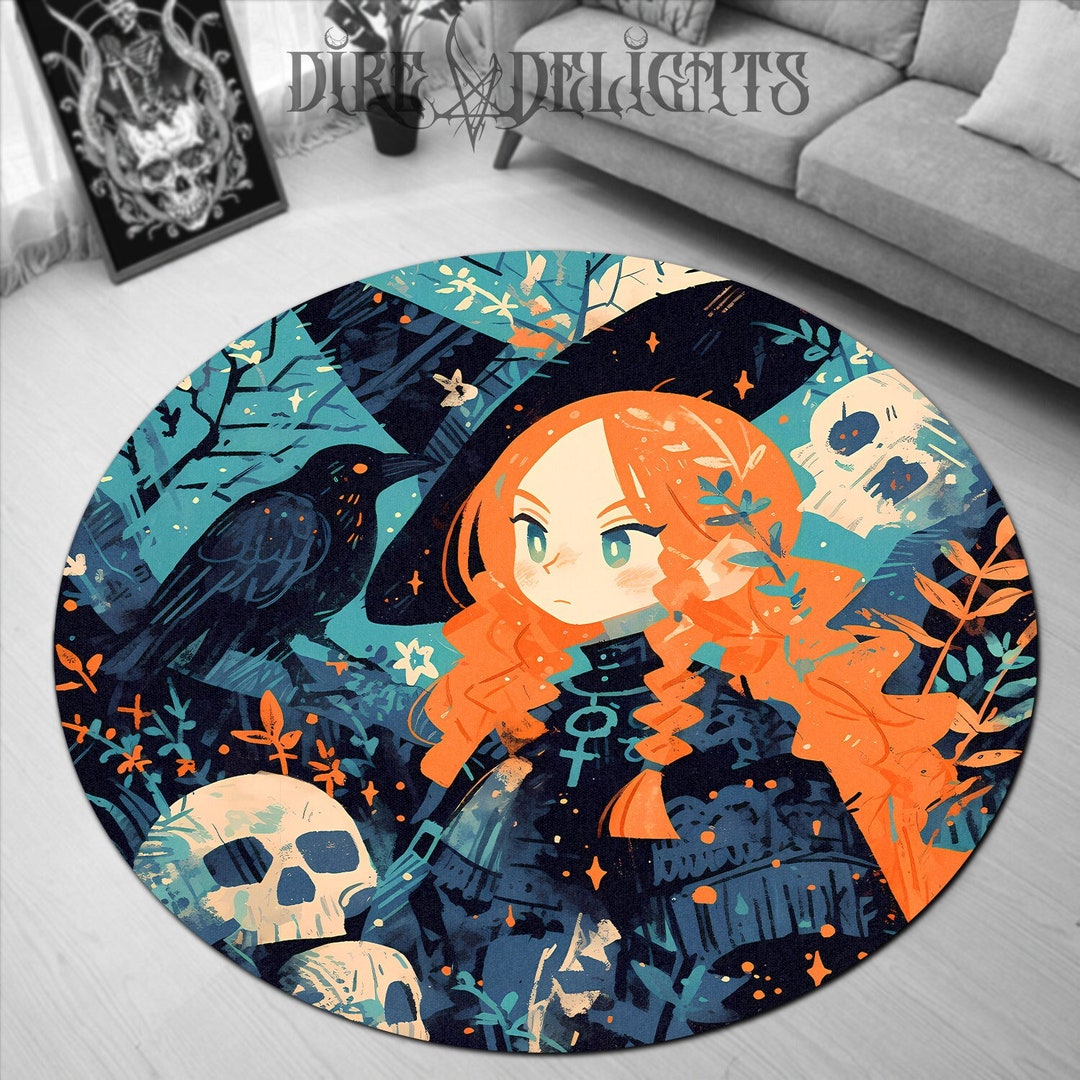 Kawaii Anime Witch Round Rug, Cute Anime Manga Girl Floor Mat, Cute ...