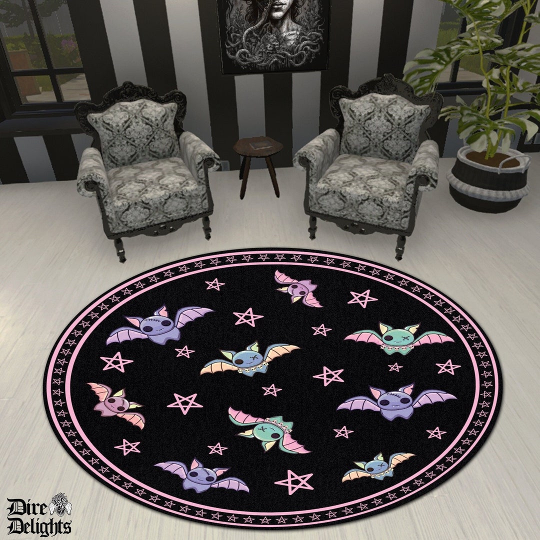 Kawaii Bats Pentagram Mat, Pastel Goth Cute Bats Round Rug, Pentagrams ...