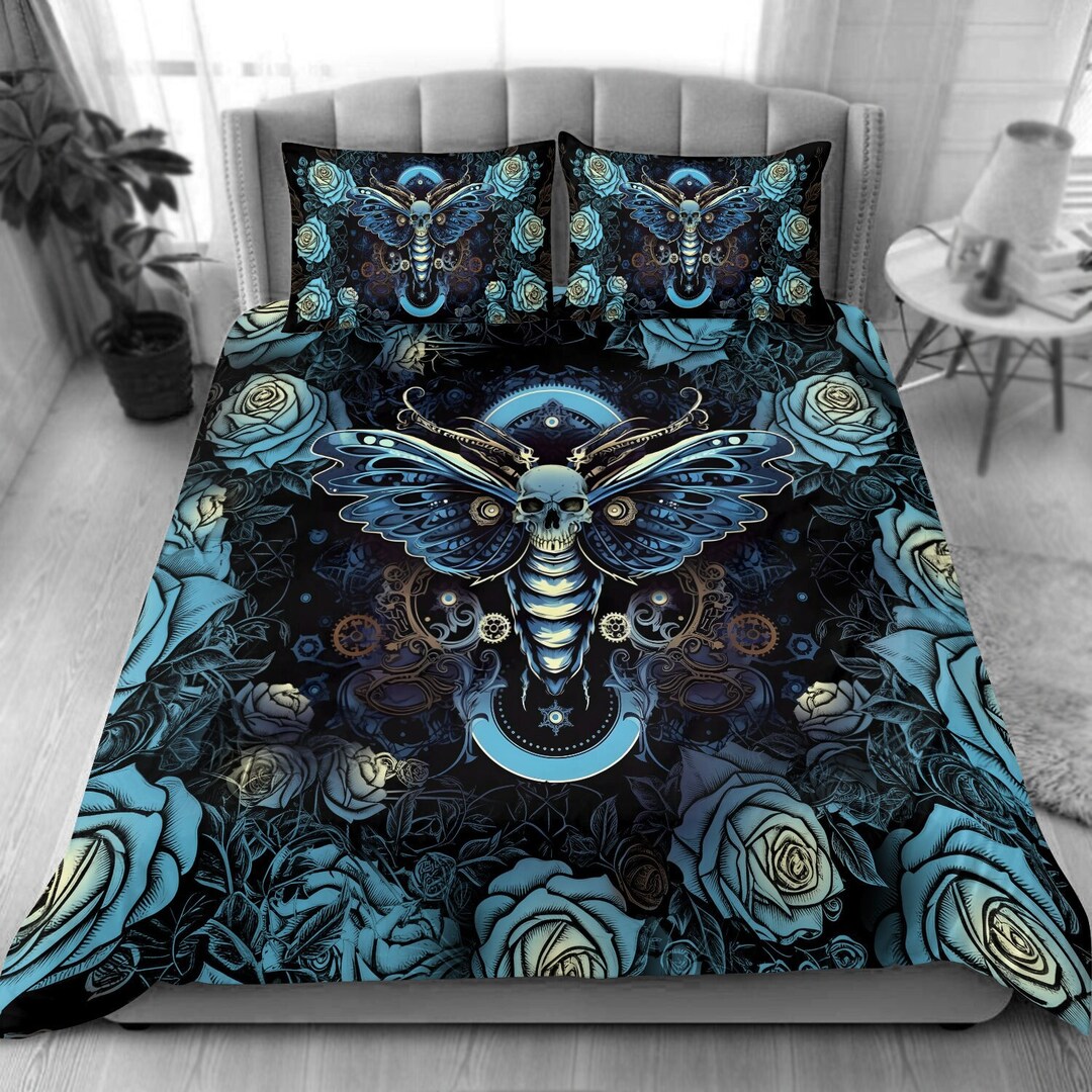 Blue Skull Moth 4 Piece Black Bedding Set,goth Esoteric Roses ...