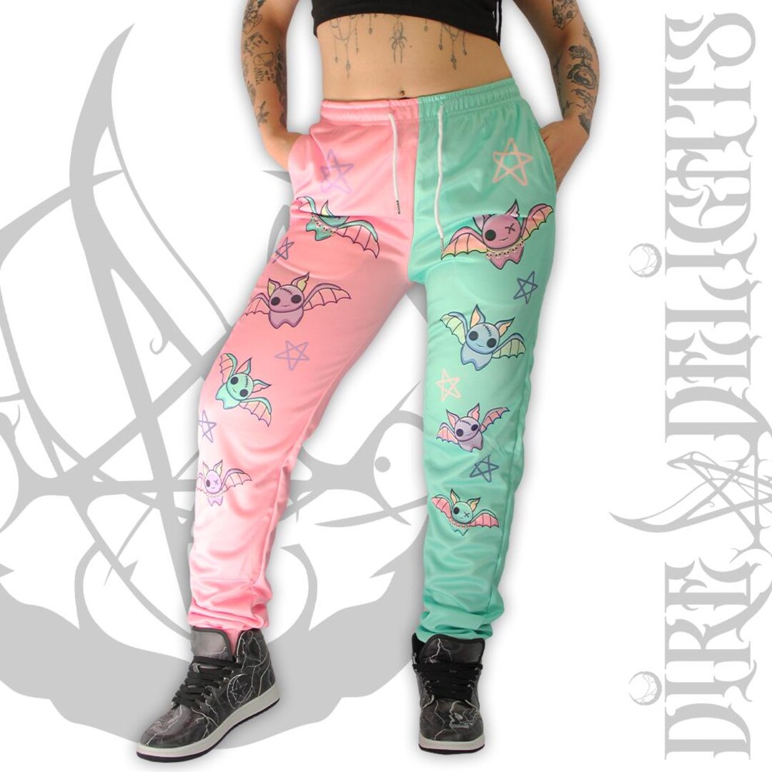 Two Tone Unisex Pants S-4xl,goth Contrasting Bpastel Goth Kawaii Bats ...