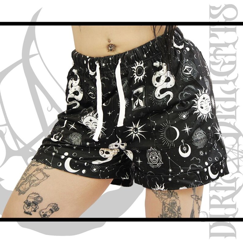 Celestial Goth Shorts, Witchy Snake Sun Moon Print,astronomic Goth ...