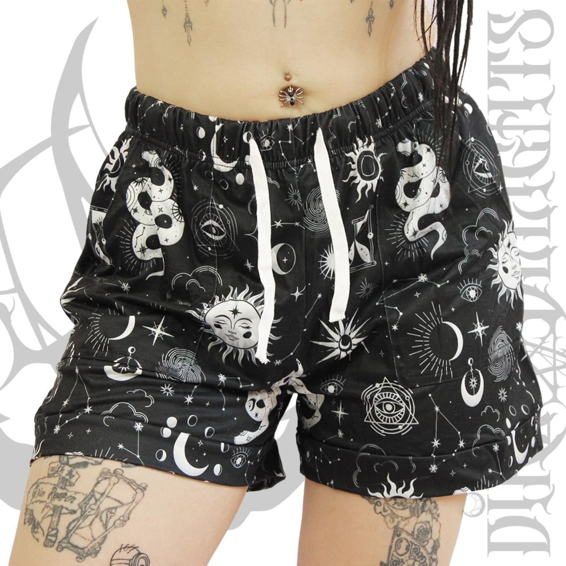 Celestial Goth Shorts, Witchy Snake Sun Moon Print,astronomic Goth ...