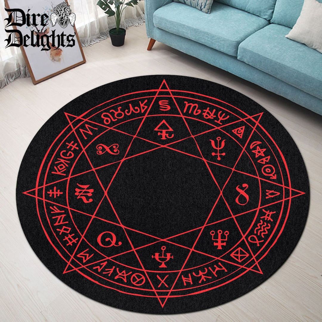 Red Divination Round Rug, Runes From Hell Door Mat, Satanic Magic ...