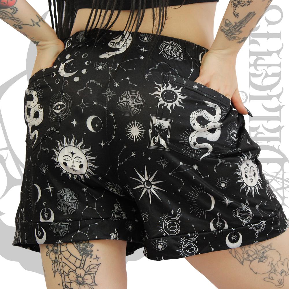 Celestial Goth Shorts, Witchy Snake Sun Moon Print,astronomic Goth ...
