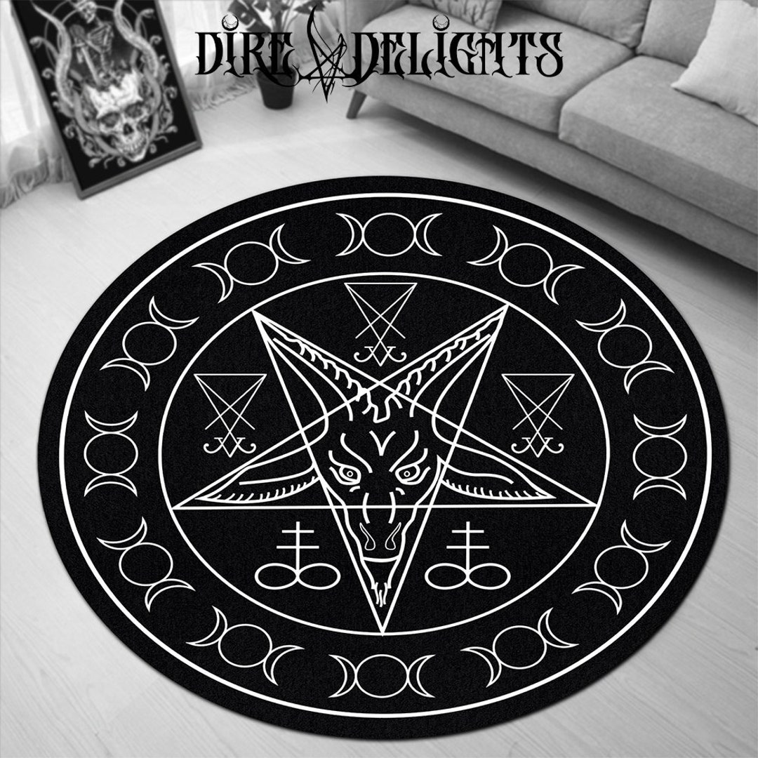 Baphomet Pentagram Mat,white Goat Head Satanic Round Rug, Runes From ...