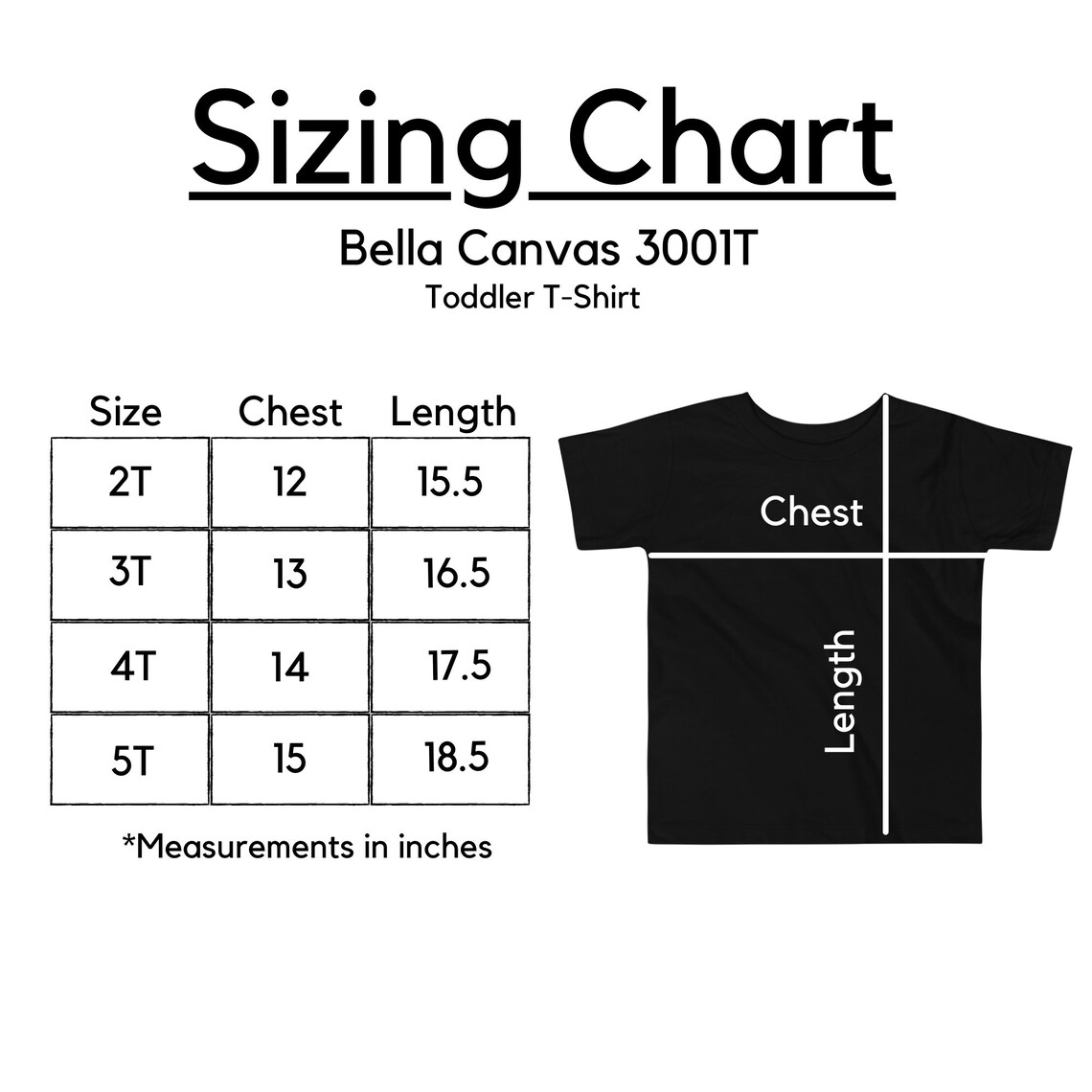 Bella Canvas Size Chart for Toddler 3001T Bella Canvas 3001T - Etsy