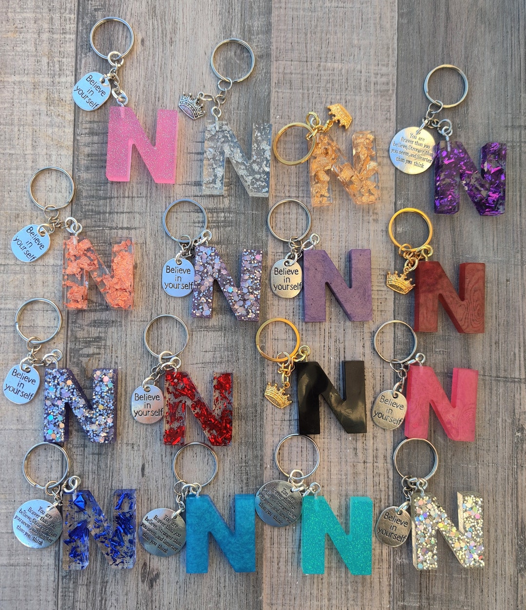 Resin Initial Key Chains With Inspirational Quotes or Crown "n" - Etsy